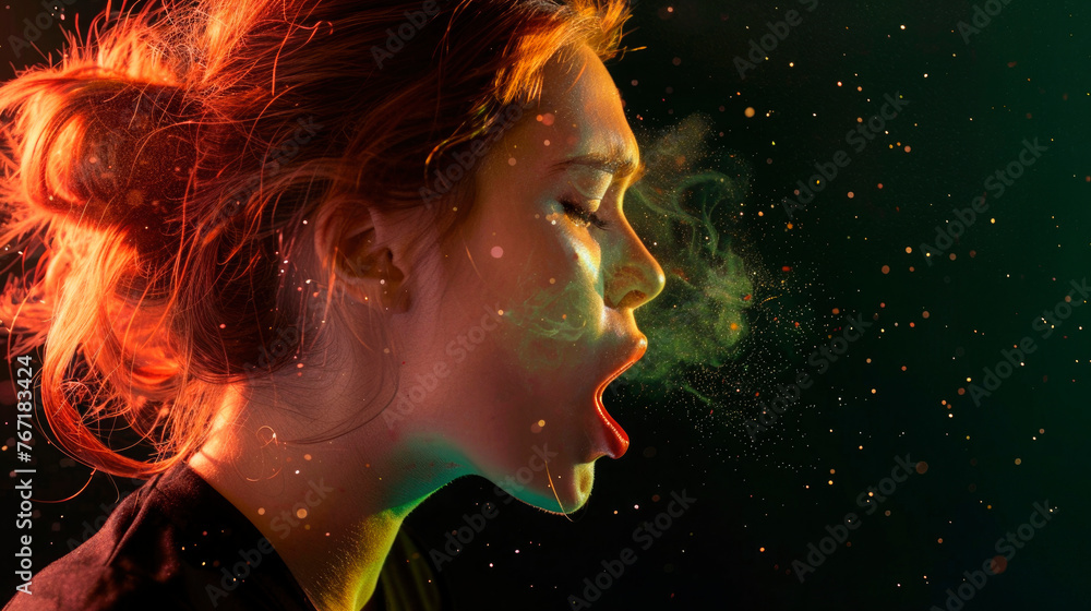 coughing girl with visible particles, howl, bokeh flying out of an open ...