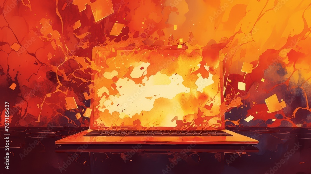 Watercolor vision of a laptop with its screen consumed by fire ...