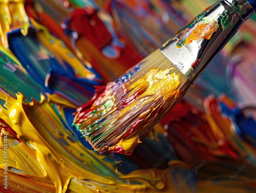 A paintbrush is dipped into a colorful paint palette, creating a ...