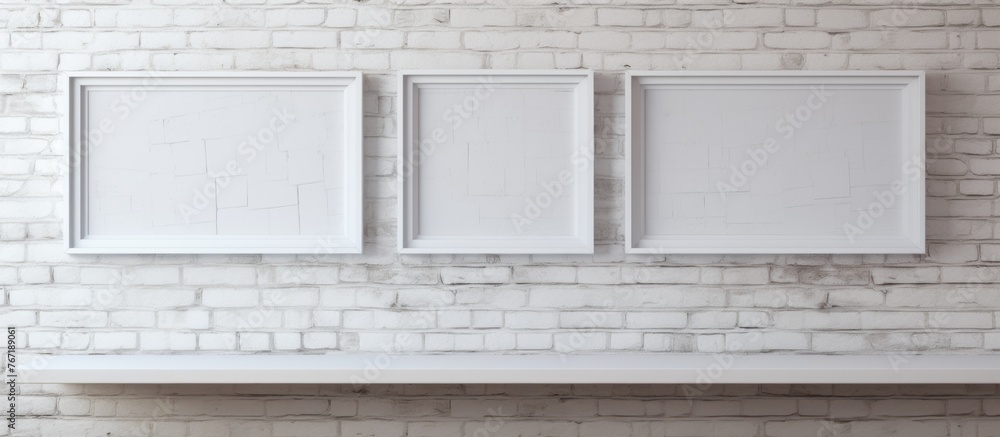 Two rectangle white frames hang in parallel on a white brick wall ...