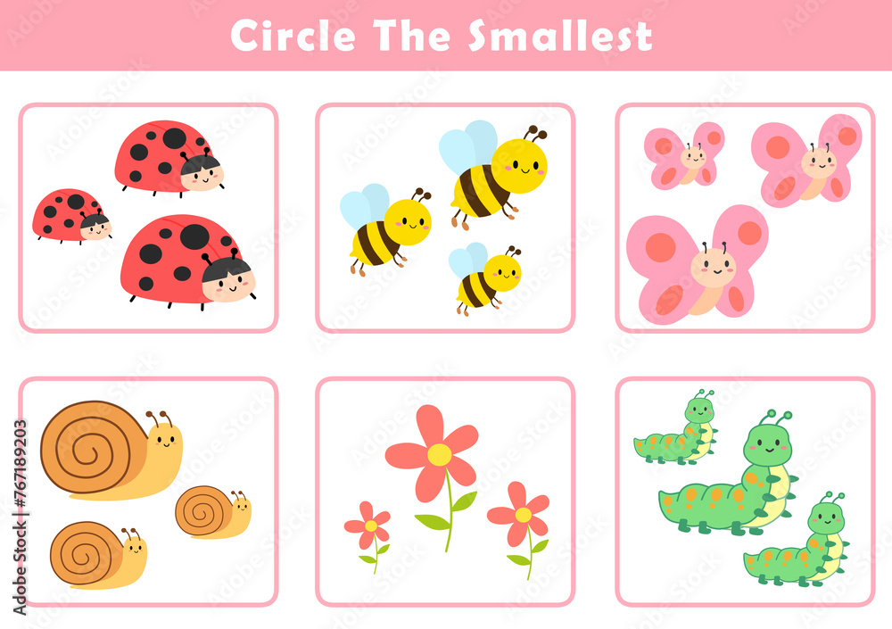 Education game for children with cute insects illustration. Circle the ...