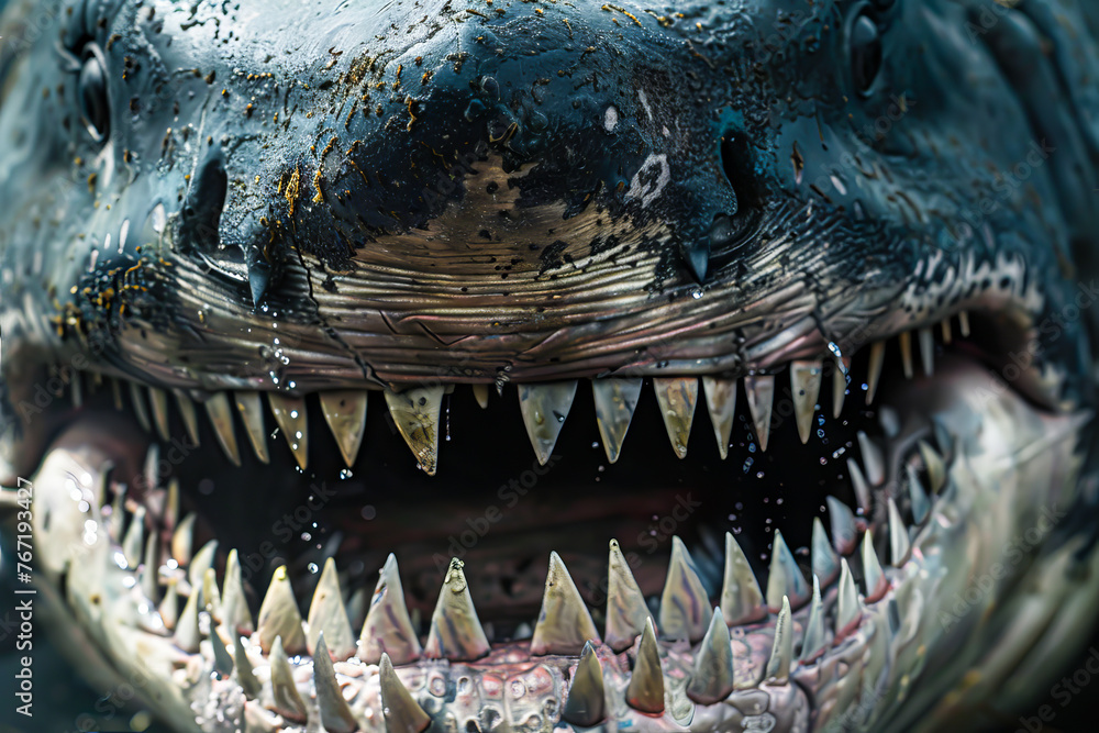 A megalodon mouth is open, revealing its teeth. Concept of danger and ...