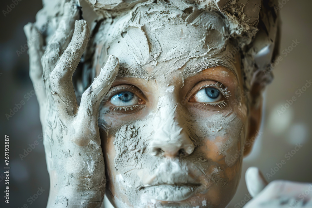 A sculptor in her studio molds clay into a graceful figure. Her hands ...