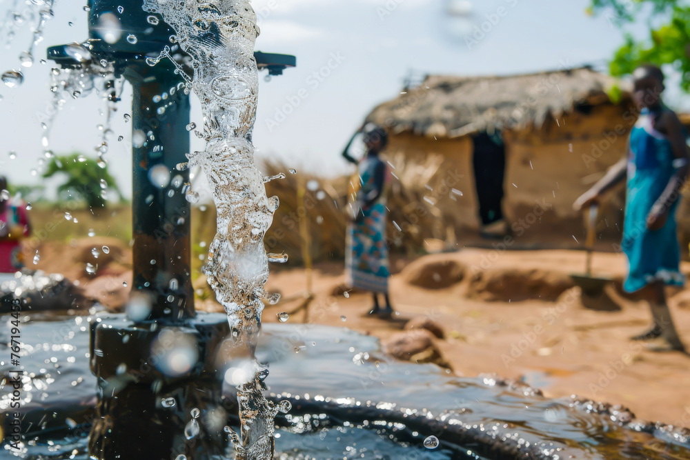 A village receiving clean water through a well, emphasizing the ...