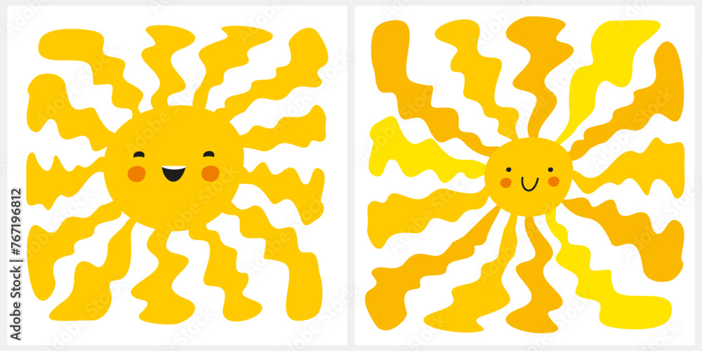 Smiling Sun. Kawaii Style Happy Sun with Wavy Rays. Set of 2 Cartoons ...