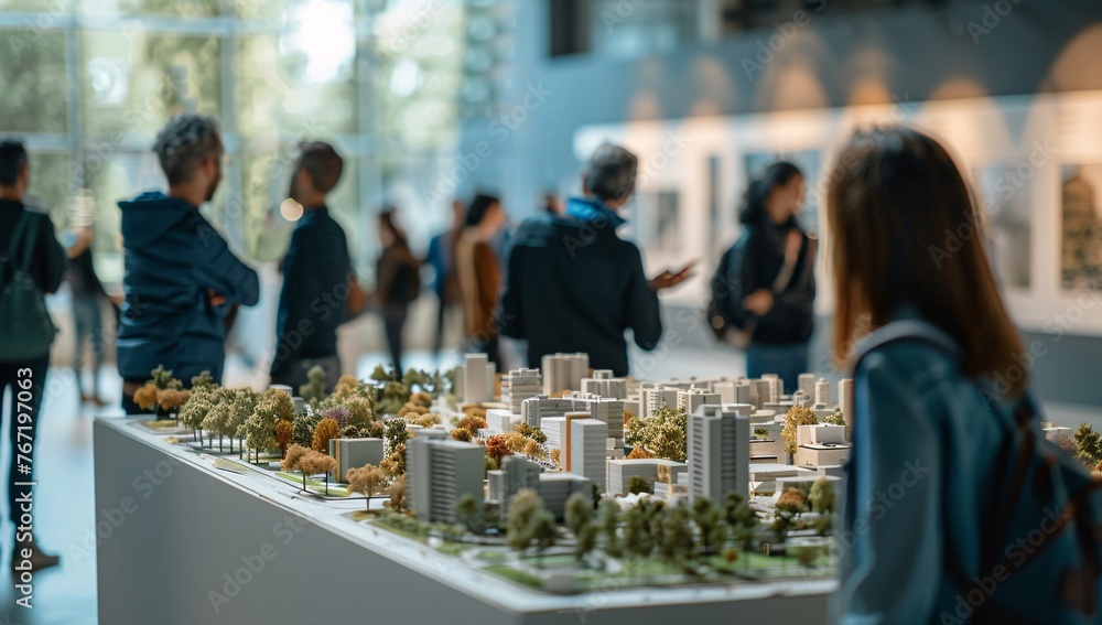 Visitors contemplating a scale model of a city at an exhibition Stock ...