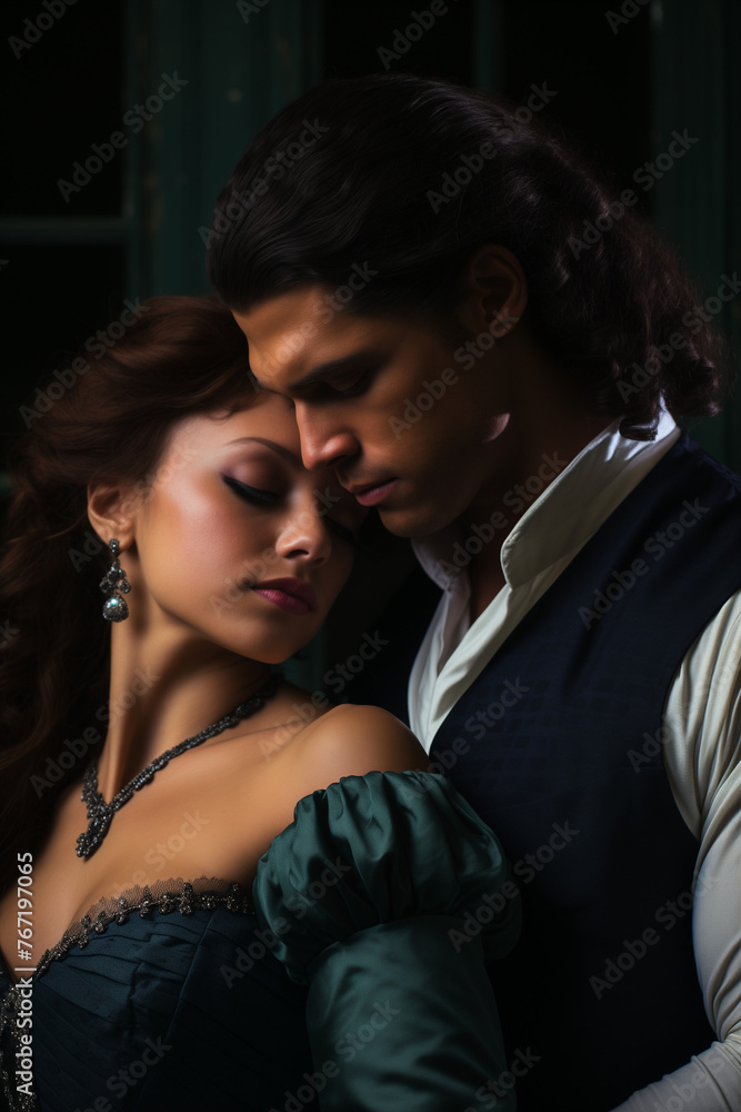 Historical couple in passionate embrace, wearing in vintage attire ...
