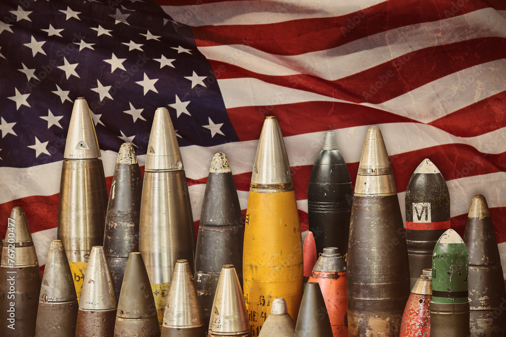 Military bombs and ammunition in front of a waving American flag Stock ...