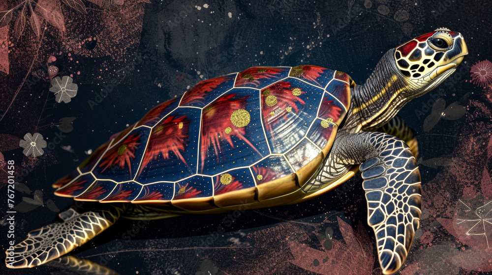 A turtle with a blue shell and red spots is shown in a black background ...