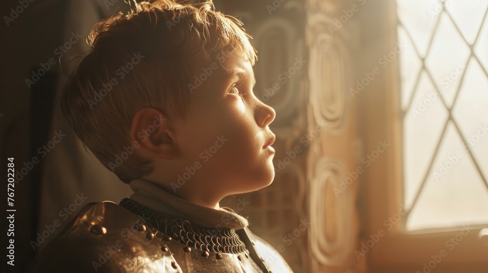 A young boy with blonde hair wearing a chainmail-like garment gazing ...