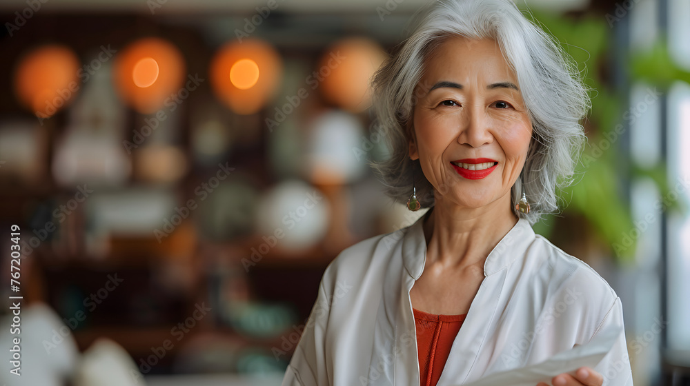 60-year-old chinese woman with elegant silver hair holding a paper ...