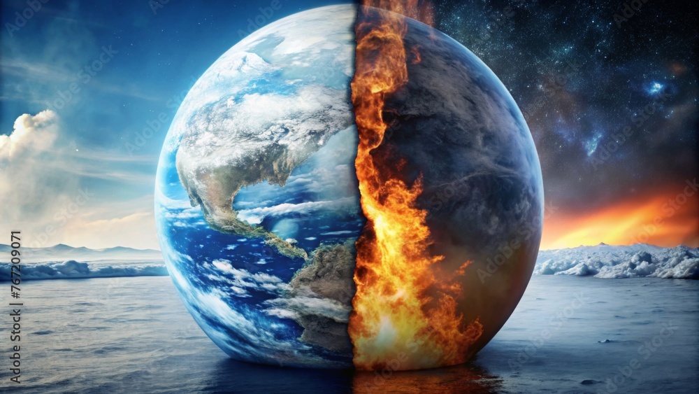 Fiery and frozen Earth against cosmic backdrop - Surreal depiction of ...