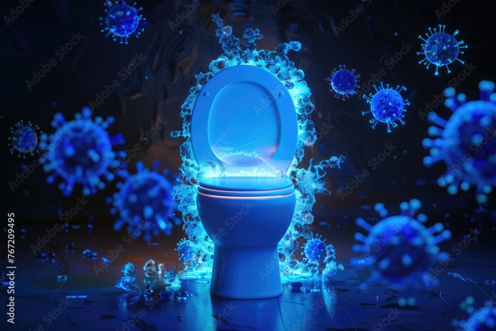 A 3D conceptual art piece showing glowing, translucent viruses orbiting ...