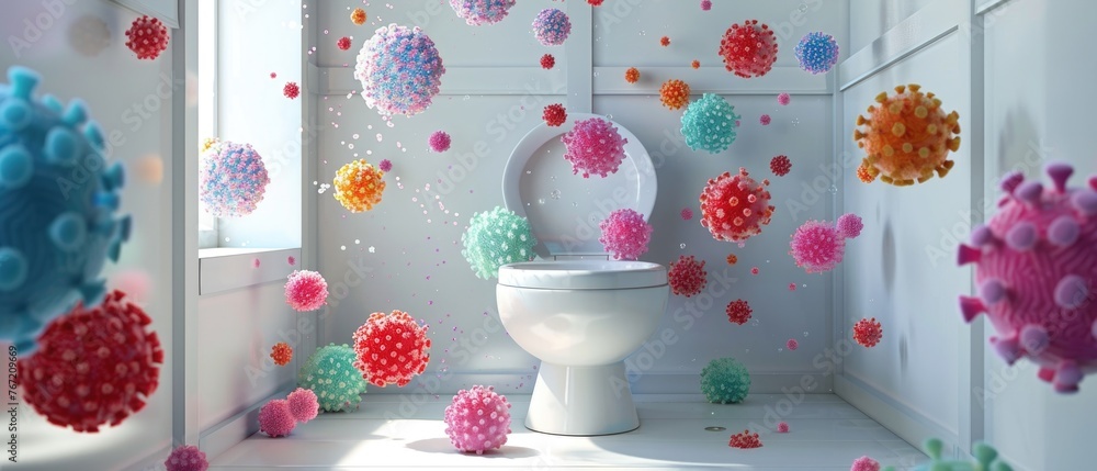 Vividly colored viruses floating ominously around a porcelain toilet in ...