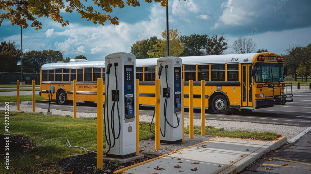 Bus charging station. School buses at the battery charging station. Eco ...