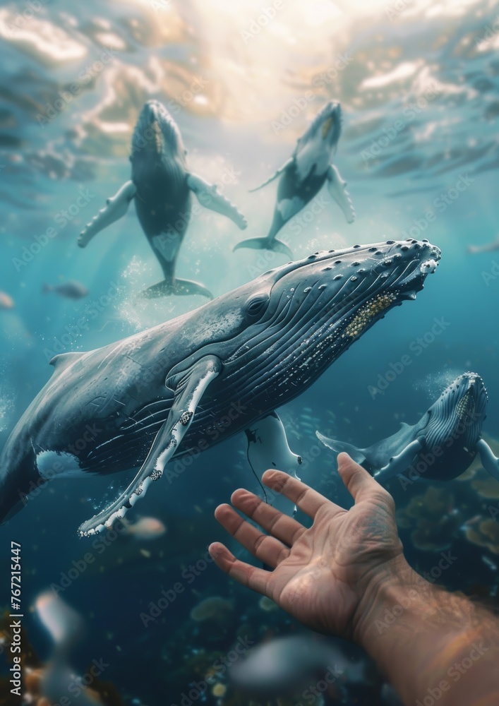 the surreal beauty of a realistic photo capturing several humpback ...