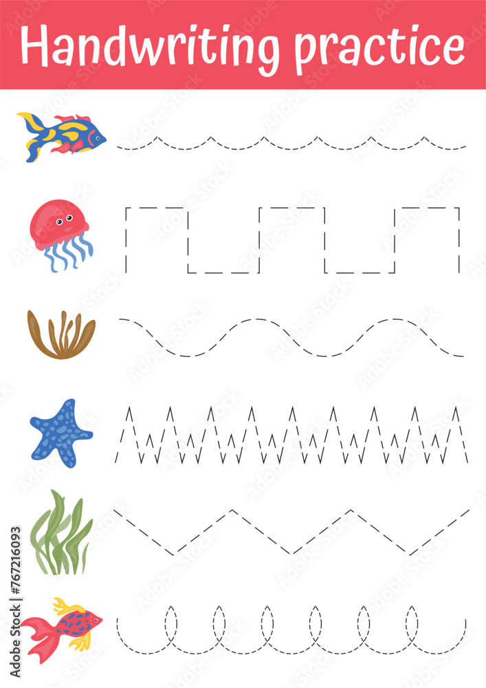 Tracing lines for children with with tropical fish elements ...