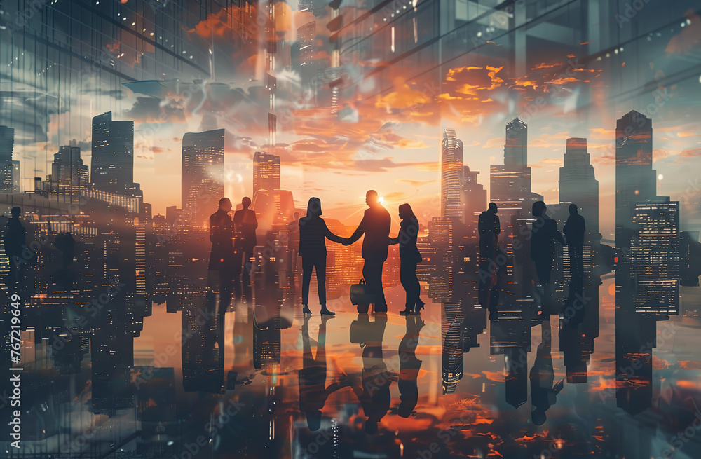 Blurred silhouette of office employees in business building room. Dark ...