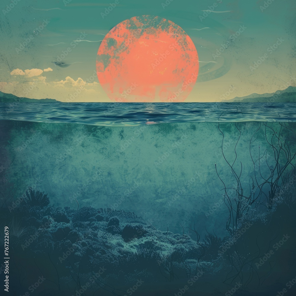 Vintage Underwater View. Retro Style Marine Landscape with Pale Colors ...