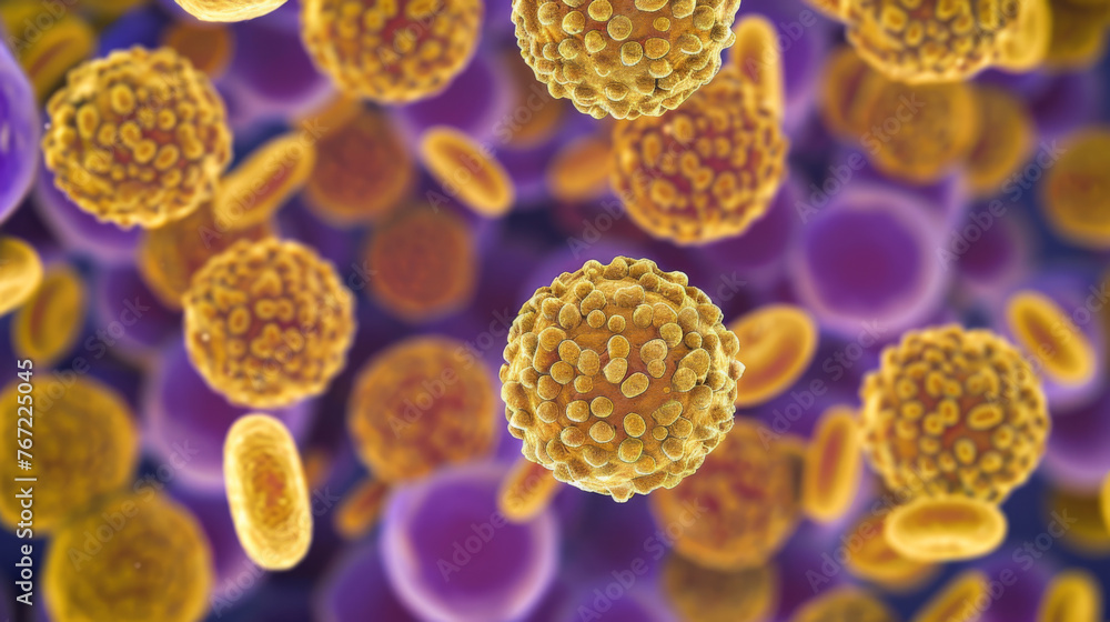 Clustered spherical bacteria cells are depicted in vibrant orange and ...