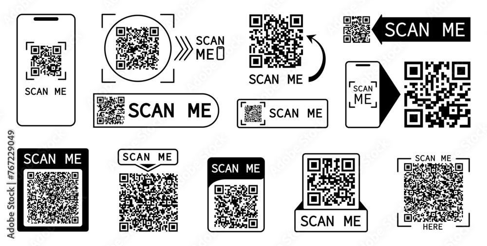 Scan me badges. QR codes in frames for scanning of smartphone. Code for ...
