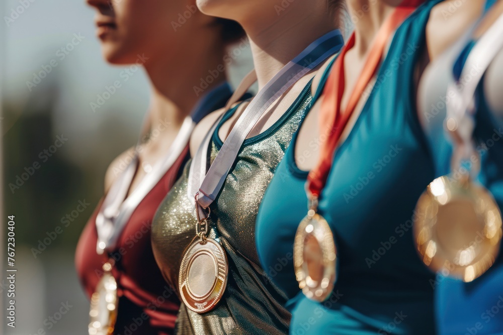 Female athletes winning medals On the gold award podium Stock Photo ...