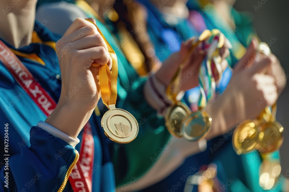 Female athletes winning medals On the gold award podium Stock Photo ...