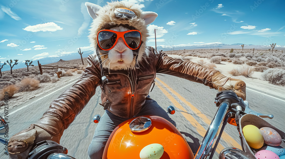 biker girl wearing furry hat and sunglasses riding a motorcycle on the ...