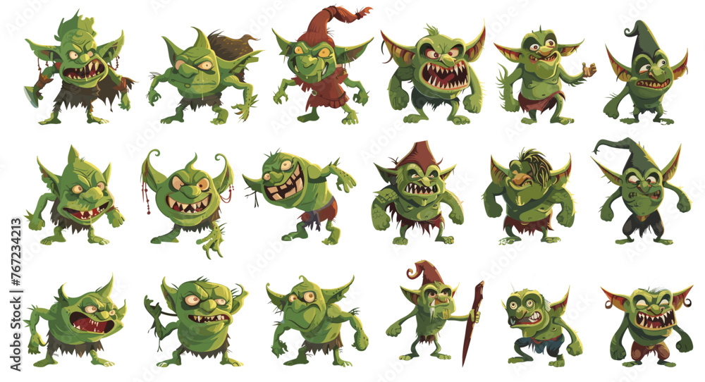 Cartoon goblins isolated. Green trolls art work, trolling evil ...