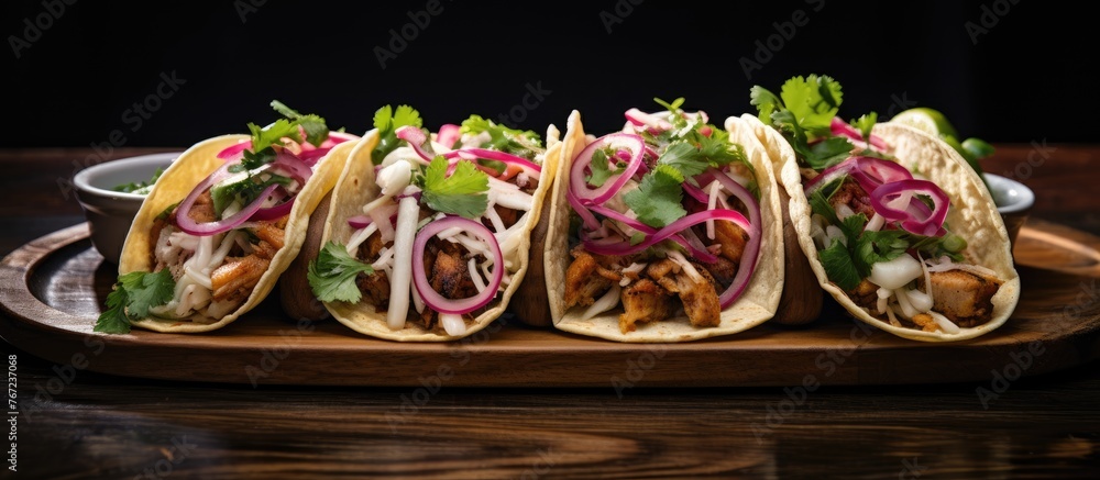 Four tacos with meat, onions, and cilantro sauce on a wooden platter ...