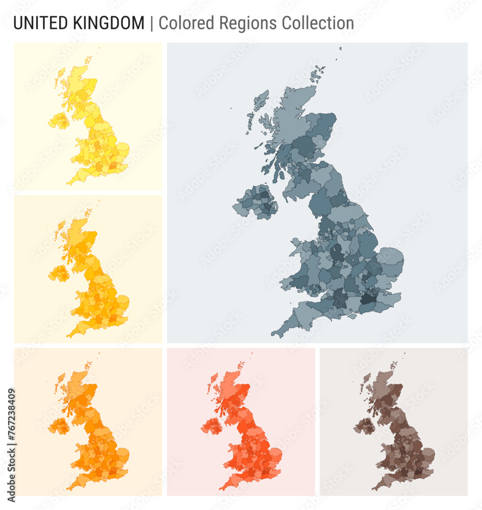 United Kingdom map collection. Country shape with colored regions. Blue ...