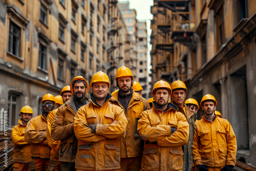 Happy construction crew posing for high quality 4k group photo in ...