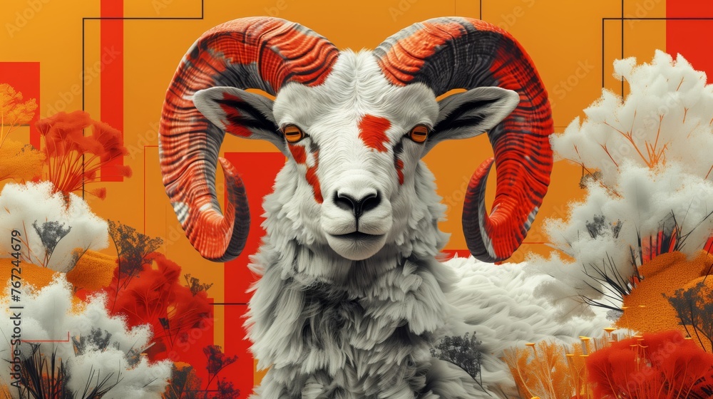 Imaginative digital artwork featuring an aries ram with vibrant orange ...