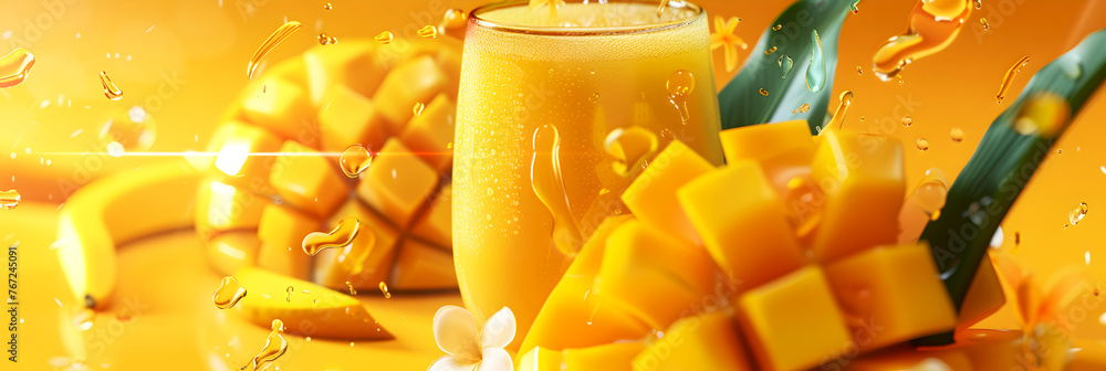 Mango smoothie banner. Golden mango smoothie in a tall glass with ...
