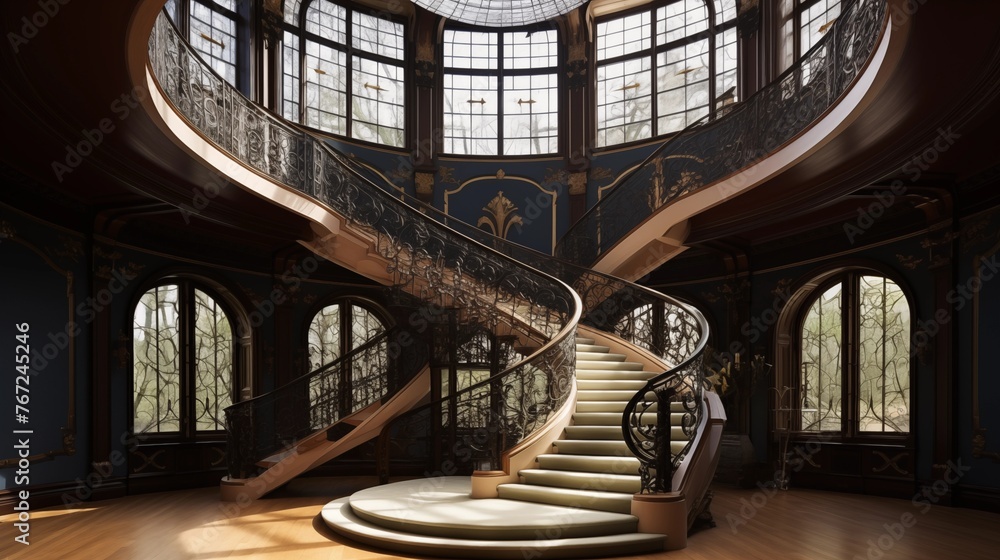 Three-story grand spiral staircase in circular turret with wrought iron ...