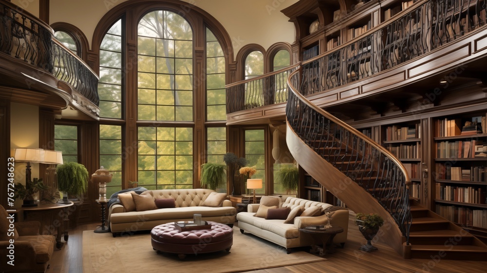 Two-story home library in circular Renaissance-style turret with curved ...