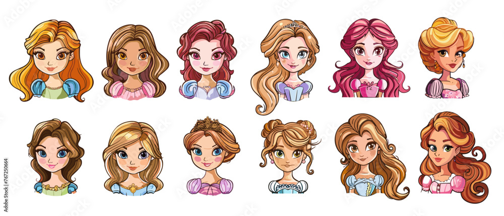 Cartoon princesses. Princess avatars, isolated cute female faces with ...