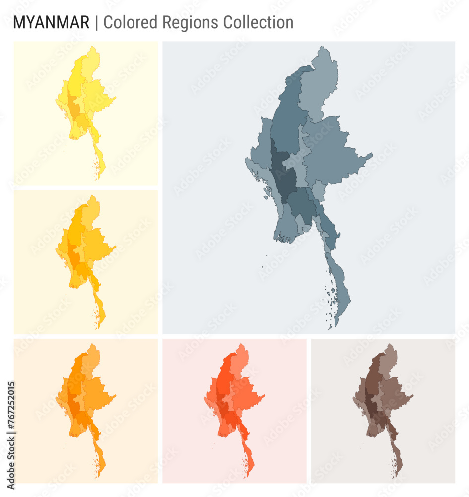 Myanmar map collection. Country shape with colored regions. Blue Grey ...