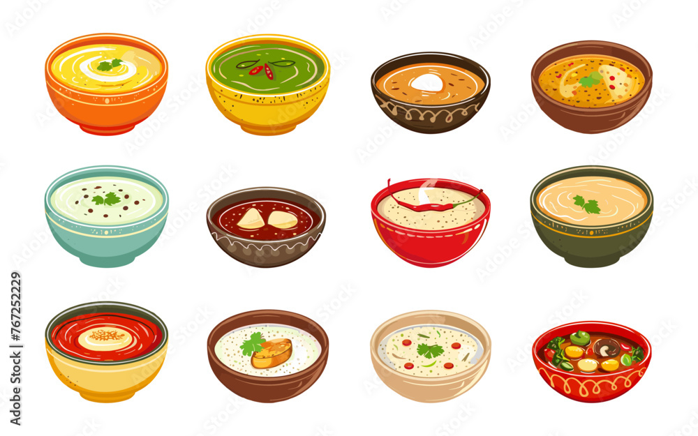 Different soups in bowls. Cartoon soup, liquid meals with croutons and ...