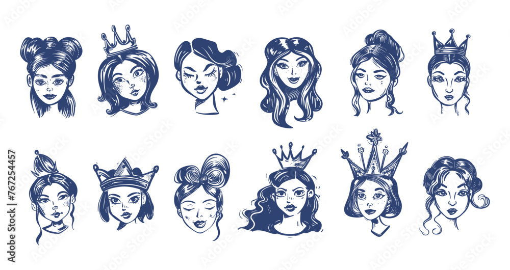 Vecteur Stock Sketch young girls, princess and queens avatars. Doodle ...