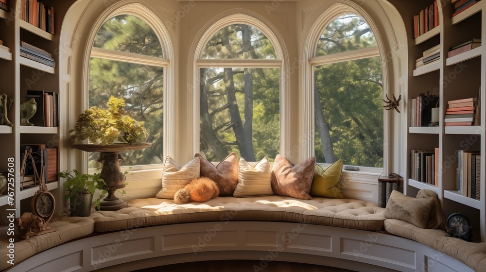 Windowed circular Renaissance-inspired turret reading nook with custom ...
