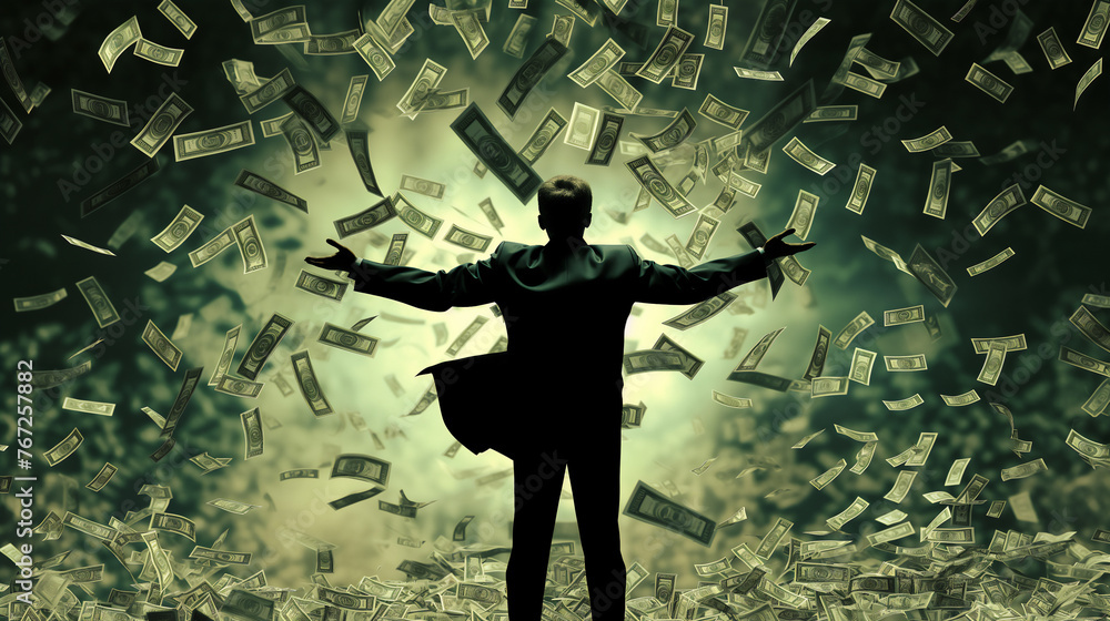 Back view of a businessman with arms raised in triumph as money rains ...