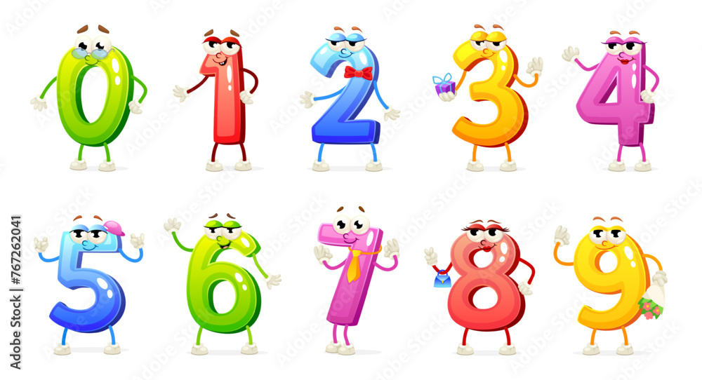 Cartoon numbers mascot. Funny number characters eyes smile faces ...