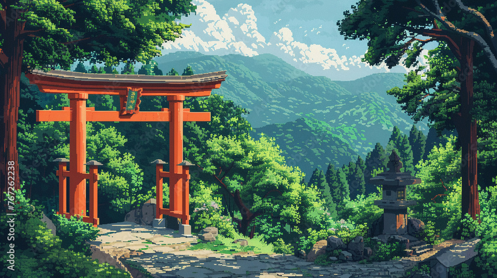 A clean pixel art depiction of Kyoto's Fushimi Inari Shrine, showing ...