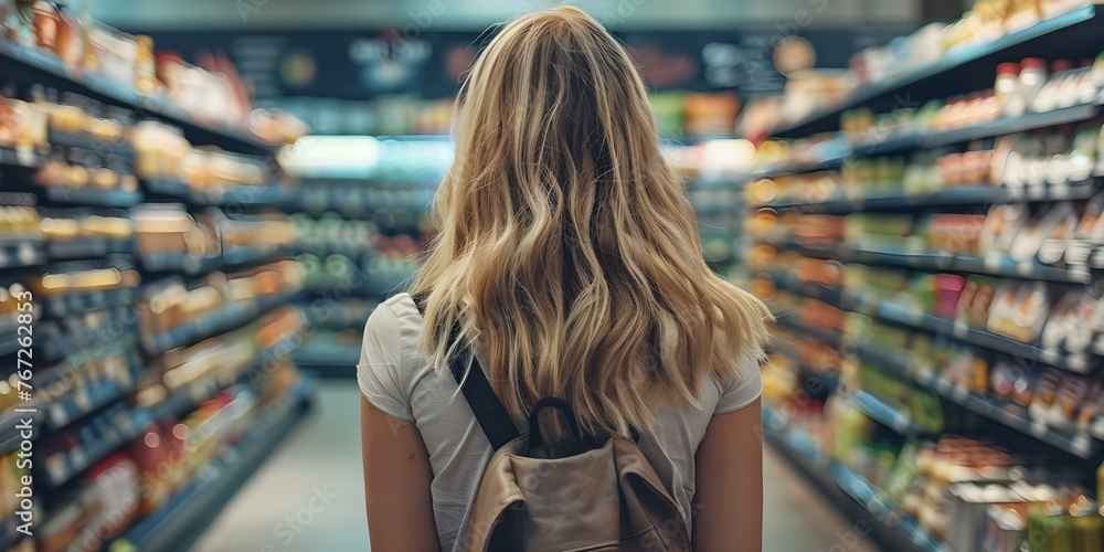 Woman demonstrating informed consumer behavior by carefully examining ...