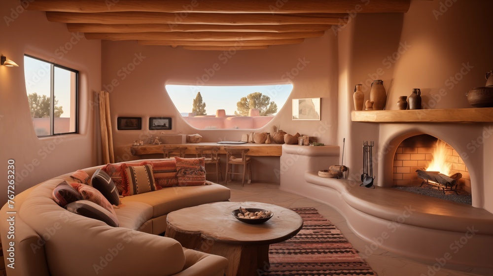 Southwest adobe home with viga ceilings and kiva fireplaces. Stock ...