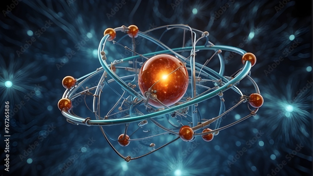 An atom in three dimensions with a background of nanotechnology, atom ...