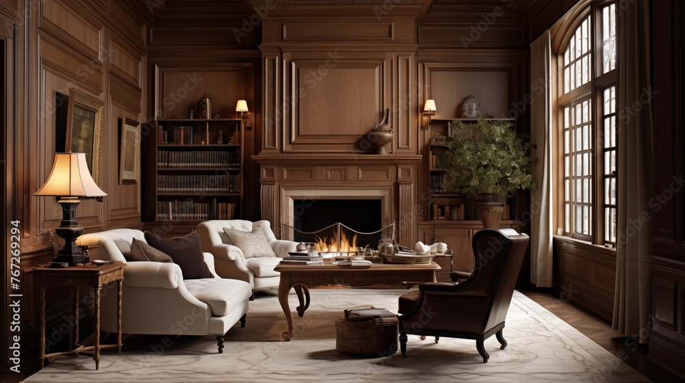 Refined traditional study with rich paneled walls stone fireplace and ...