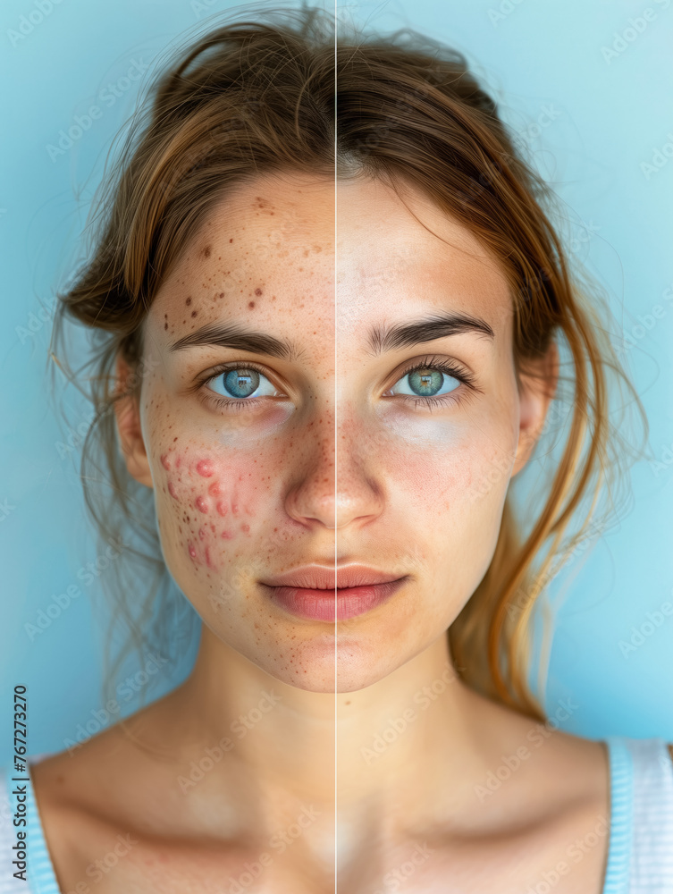 Portrait of a young adult woman before and after treatment for rashes ...