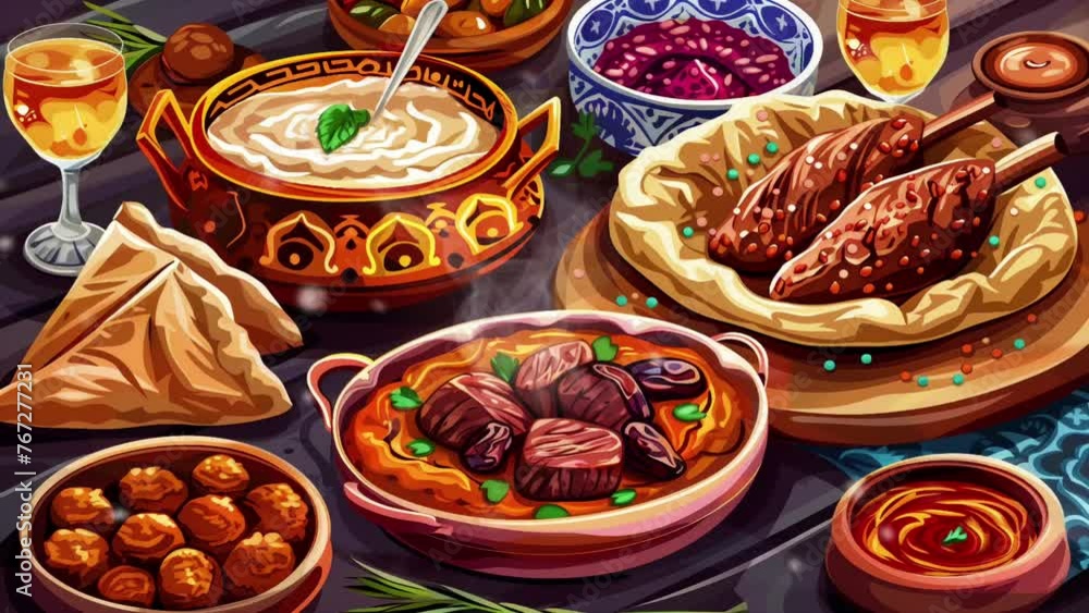 Muslim family dinner. Table prepared in Ramadan food, anime or cartoon ...